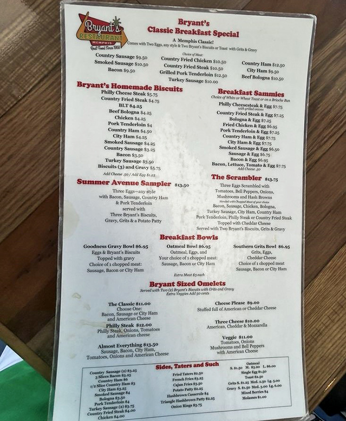 This menu isn't just a list of food—it's a roadmap to happiness with biscuits as your compass and gravy as your North Star.