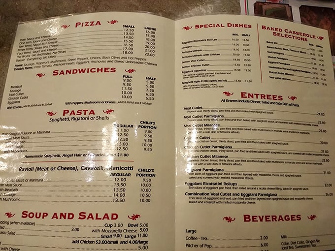 This menu isn't just a list of food – it's a roadmap to happiness with pasta highways and pizza boulevards leading straight to your heart.