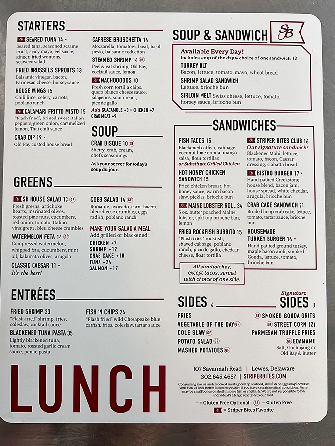 This menu isn't just a list of dishes—it's a treasure map to culinary bliss. The crab bisque coordinates are clearly marked!