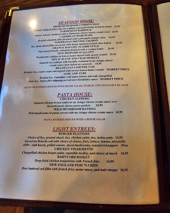 This menu isn't just a list of dishes – it's a roadmap to happiness. The seafood section alone could make Neptune jealous.