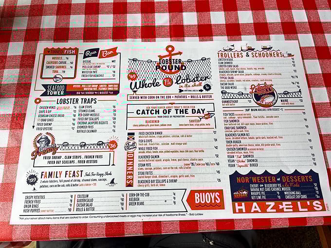This isn't just a menu—it's a maritime treasure map. "Lobster Traps" and "Trollers & Schooners" sections guide you through waters of culinary delight.
