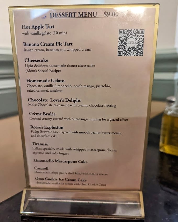 This dessert menu isn't just a list—it's a roadmap to happiness. The tiramisu alone could solve international conflicts.