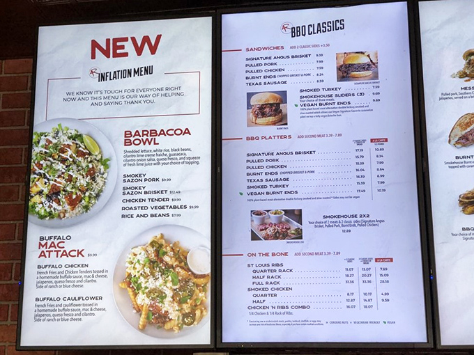 The menu board – where dreams are made and diets go to die. Notice the "Inflation Menu" – even economic realities can't stop BBQ innovation!