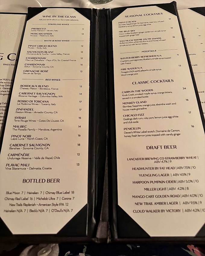 This isn't just a menu—it's a roadmap to happiness. The "Cabin in the Woods" cocktail alone is worth the drive to Leola.