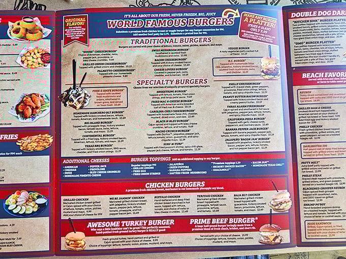 The menu board reads like a love letter to American comfort food, with burgers taking center stage.