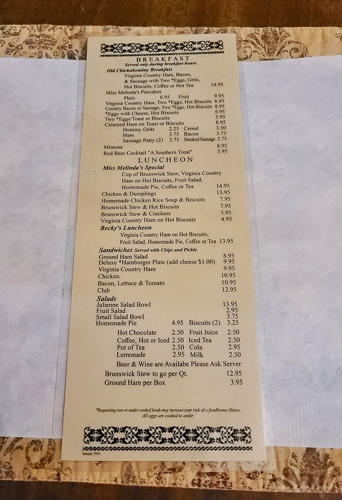 This isn't just a menu—it's a roadmap to comfort. Miss Melinda's Special might be the most important diplomatic document in Virginia since 1776.