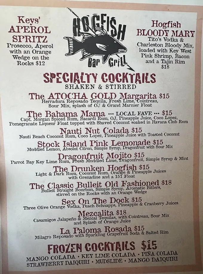 This cocktail menu reads like a love letter to the Keys – where else can you order something called "Sex On The Dock" without raising eyebrows?