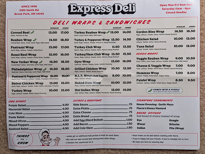 This menu is like a roadmap to happiness. Notice how the Reuben Wrap commands top billing—that's not an accident, folks. 
