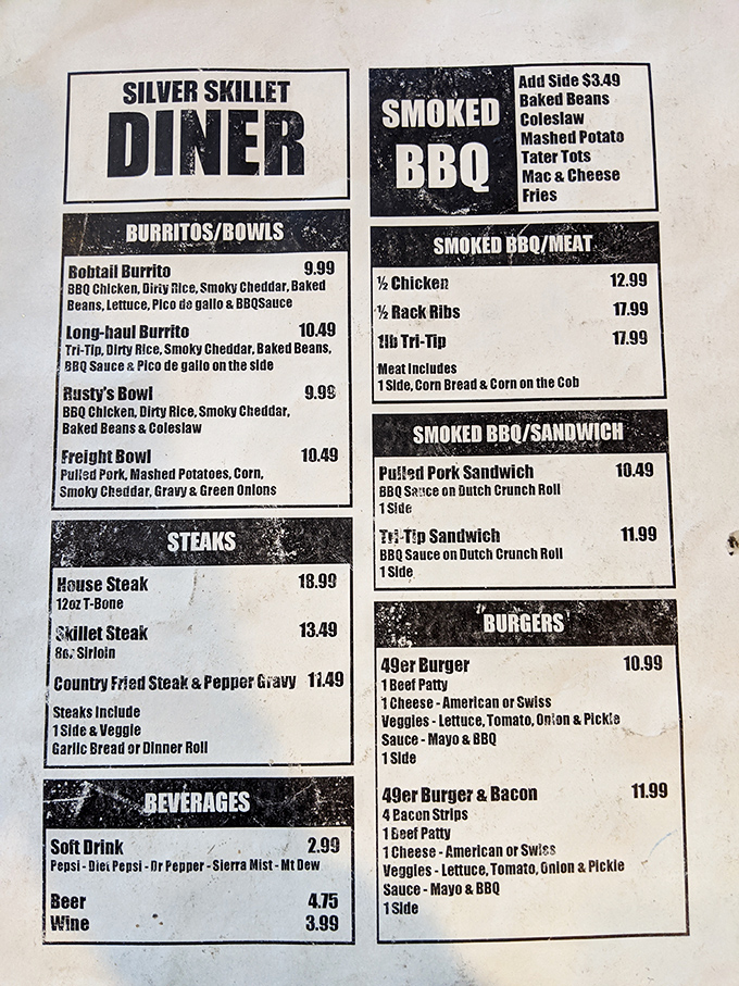 This menu isn't just a list of food—it's a roadmap to happiness. The BBQ section alone could make a vegetarian reconsider their life choices.