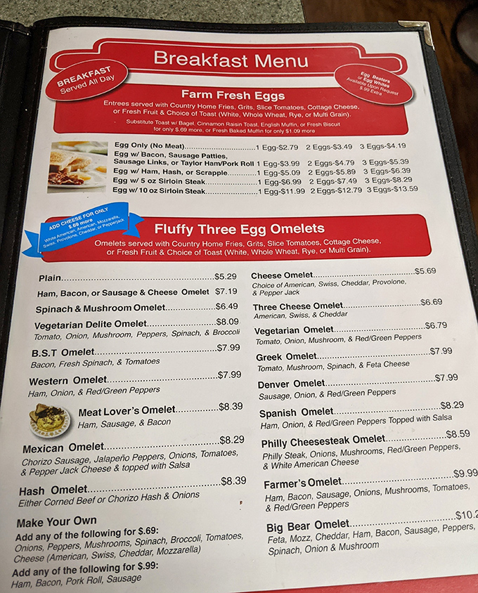 The breakfast menu that launched a thousand road trips. Those "Fluffy Three Egg Omelets" aren't just a description—they're a promise.