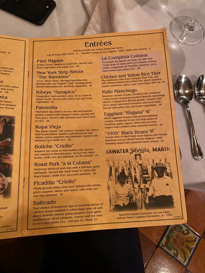 This menu isn't just a list of dishes—it's a historical document showcasing Cuban-Spanish culinary traditions that have stood the test of time.