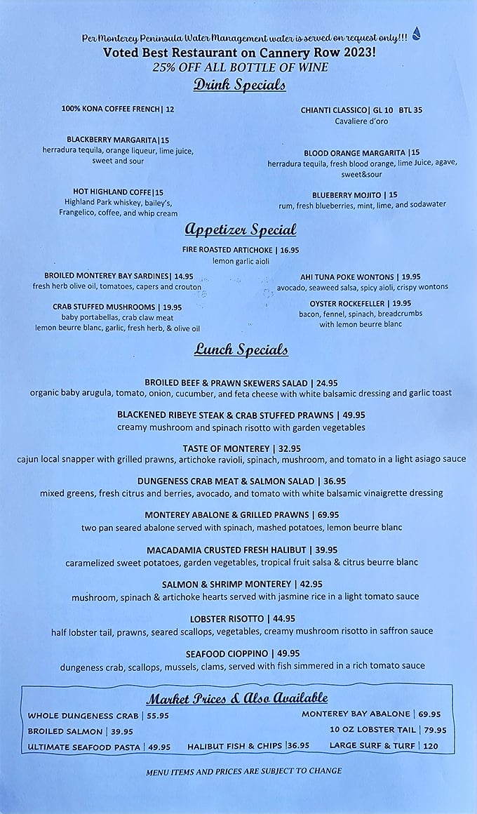 A menu that reads like a love letter to the ocean. The "Taste of Monterey" isn't just a dish—it's a maritime mission statement.