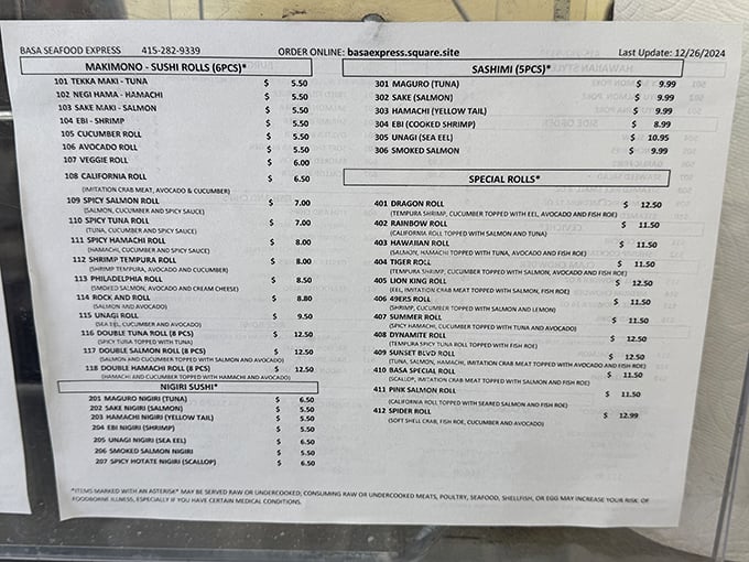 The menu board reads like a love letter to seafood enthusiasts – sushi rolls, sashimi, and special creations that won't break the bank but will satisfy the soul.