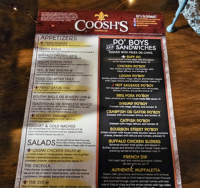 This menu isn't just reading material—it's a roadmap to flavor town with stops at Voodoo Shrimp, Gator Po'boys, and other Louisiana-meets-Florida delights.