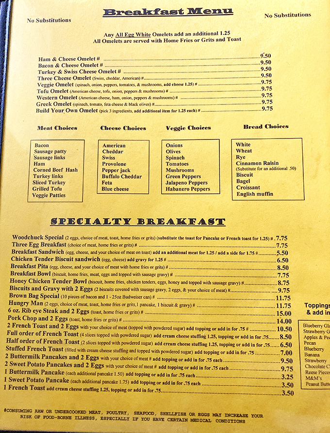 The menu reads like a love letter to breakfast classics—omelets, pancakes, and hearty platters that laugh in the face of modern food fads.