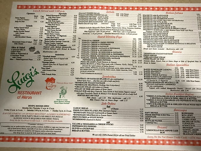 This menu isn't just a list of dishes—it's a historical document of Italian-American culinary tradition that hasn't needed updating since bell-bottoms were cool.