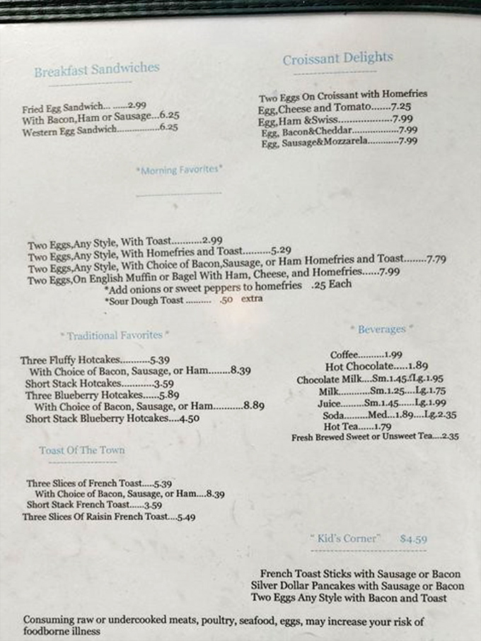 This menu isn't trying to impress with fancy terminology—it's promising honest food that remembers what breakfast is supposed to taste like.