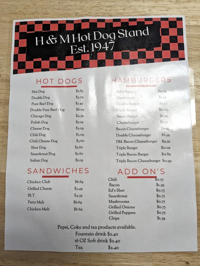 A menu that cuts straight to the chase—no fancy descriptions needed when you've been perfecting the same delicious offerings since 1947.