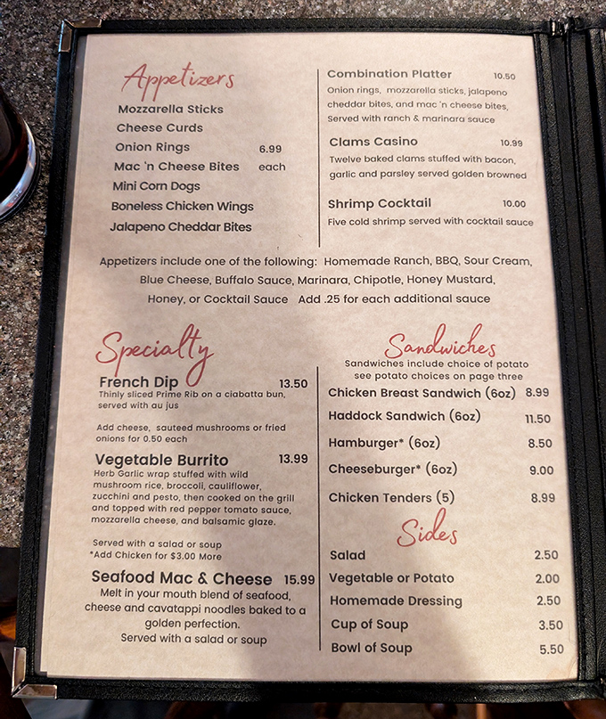 A menu that reads like comfort food poetry – where "Seafood Mac & Cheese" might be the most beautiful phrase in the English language.