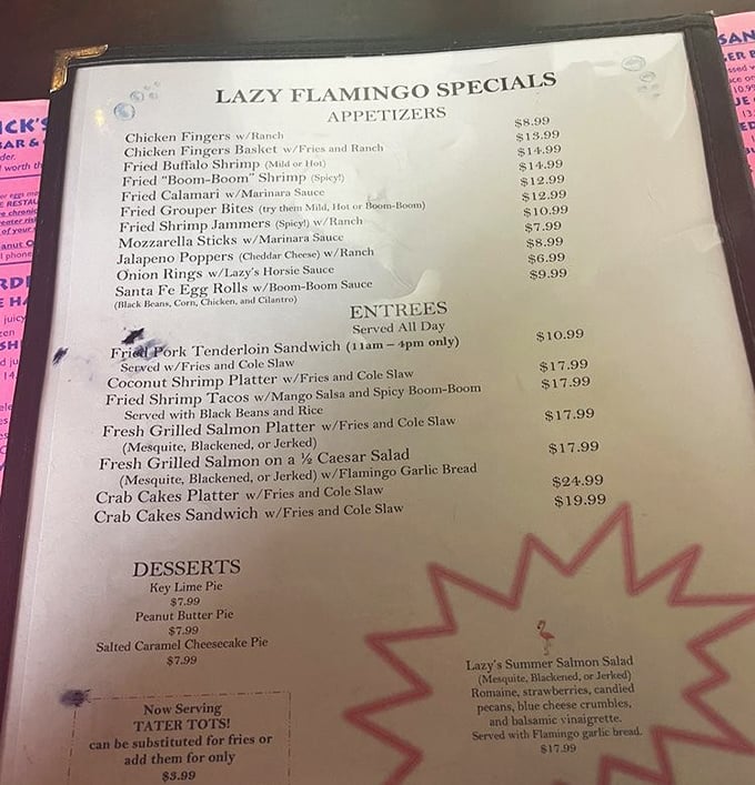 The menu reads like a love letter to seafood enthusiasts—grouper prepared three ways, "Boom-Boom" shrimp that lives up to its name, and key lime pie that demands attention.