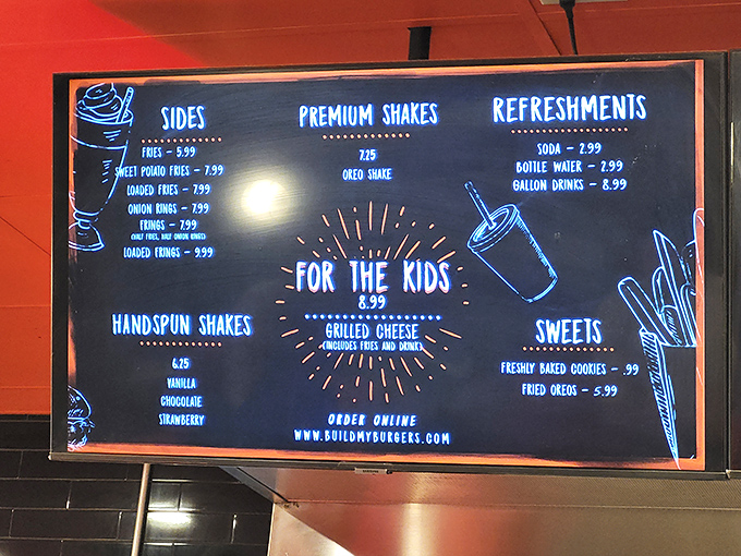 This menu board is like a roadmap to happiness. Notice how they've given equal billing to shakes and sides—priorities straight.
