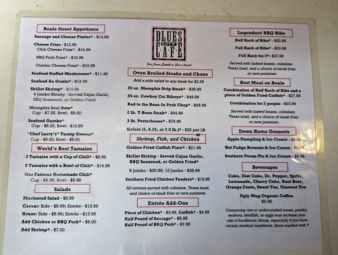 This menu isn't just a list of food—it's a roadmap to happiness with "legendary" BBQ ribs as the final destination.