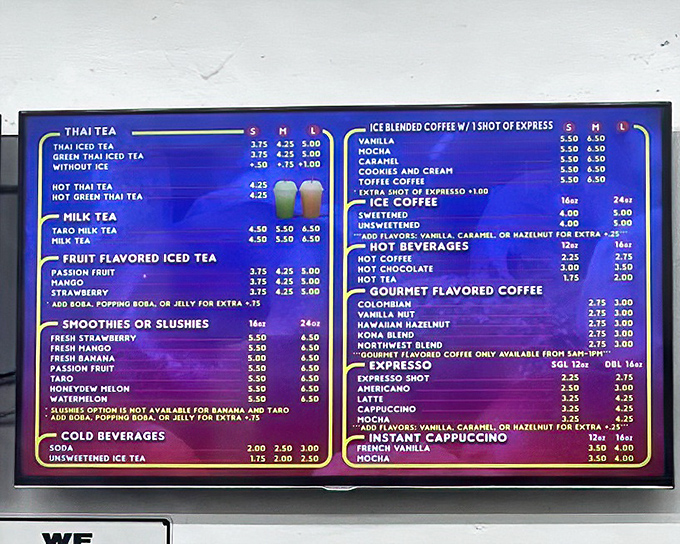 This menu board isn't just a list—it's a roadmap to happiness with Thai tea options that would make Bangkok proud.