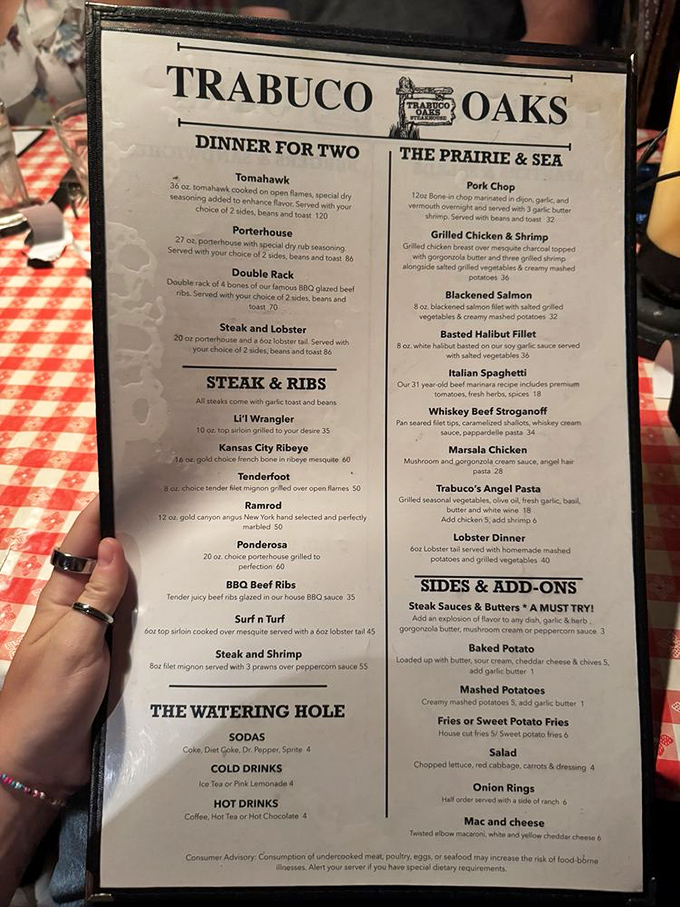 This isn't just a menu – it's a roadmap to carnivorous bliss in the Orange County hills.