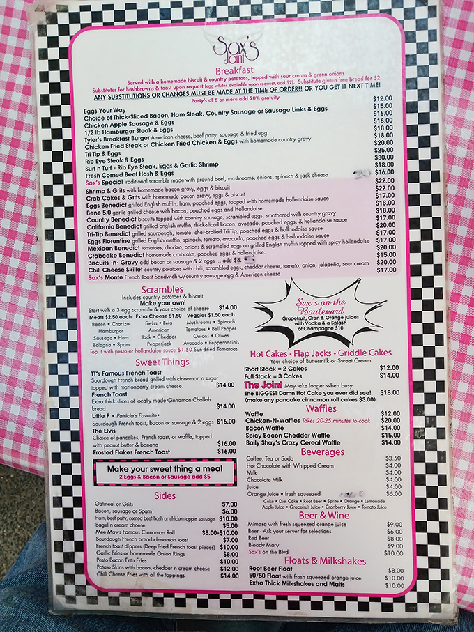 This menu isn't just a list of food—it's a treasure map where X marks the spot for "It's Famous French Toast" and other breakfast gold.