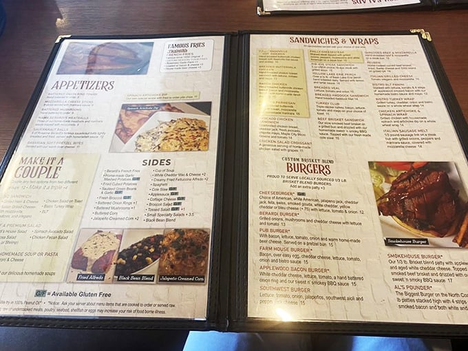 Some menus tell stories – this one promises a happy ending with every bite, from "Famous Fries" to handcrafted burgers.