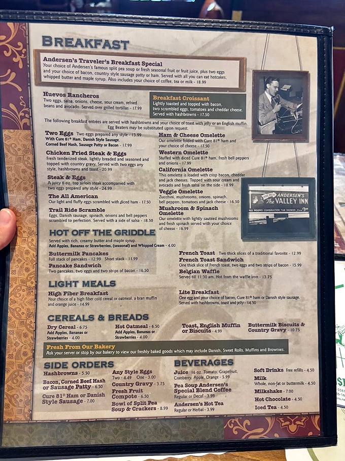 The breakfast menu reads like a comfort food manifesto, with the legendary pea soup making an appearance even at daybreak.