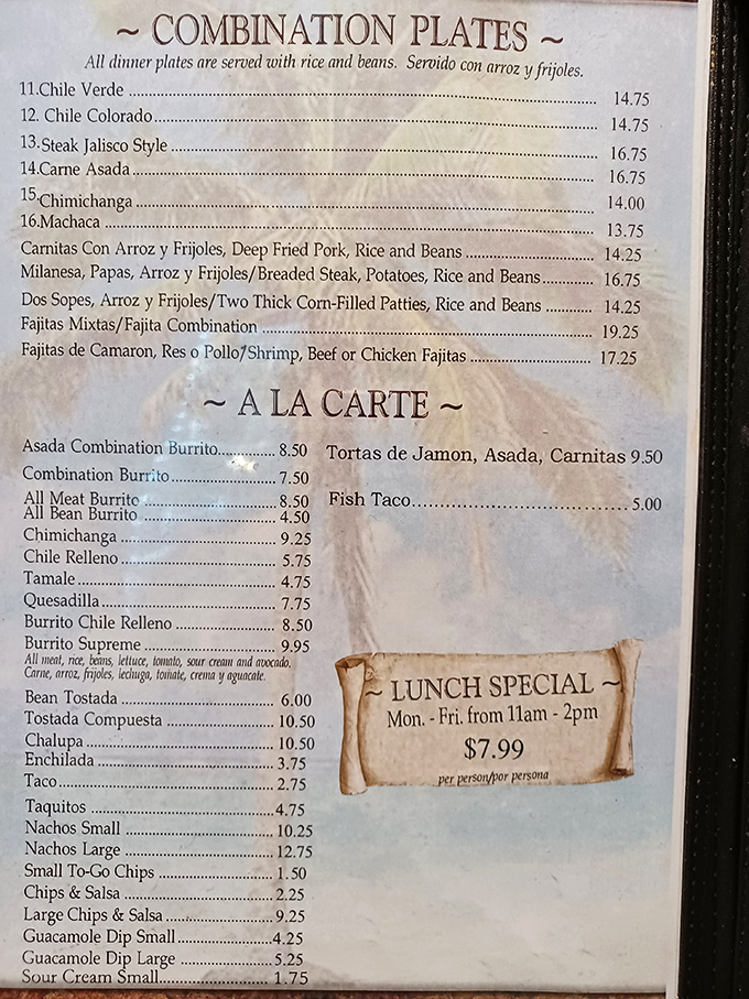This menu isn't just a list—it's a roadmap to happiness. The enchilada's modest price belies its extraordinary flavor journey.