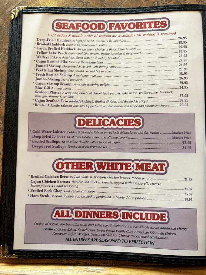 No need for reading glasses here—the menu proudly announces its seafood treasures like a Wisconsin fisherman showing off the day's catch.