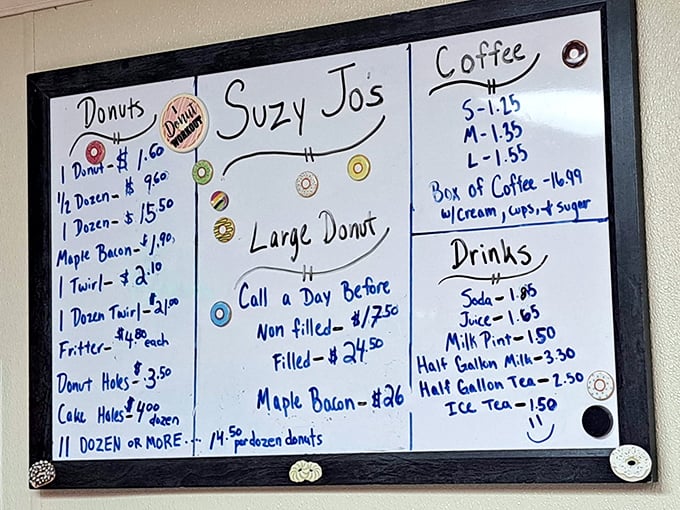 The menu board—a roadmap to happiness. Simple choices, reasonable prices, and the promise of maple bacon that could make a vegetarian reconsider.