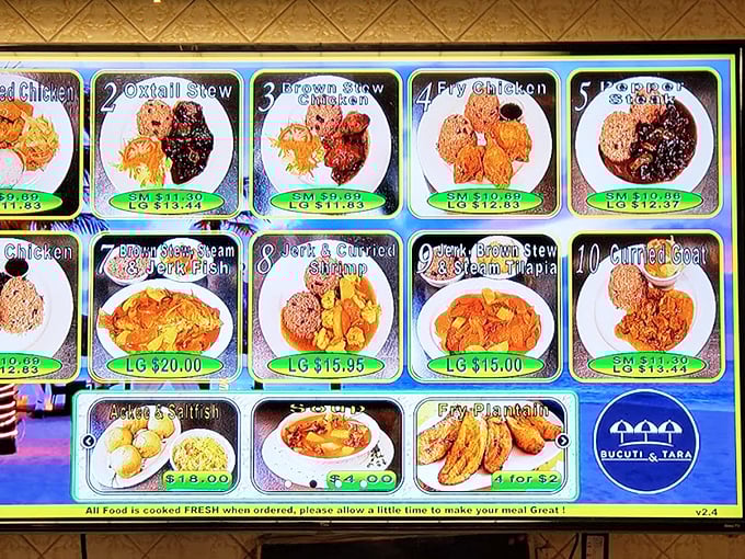 The menu board is like a delicious treasure map—each photo promising a Caribbean adventure your taste buds won't forget.