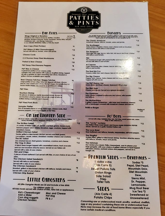 A menu that reads like a love letter to comfort food. Each item promises a different path to happiness, with the Sloppy Joe quietly stealing the show.