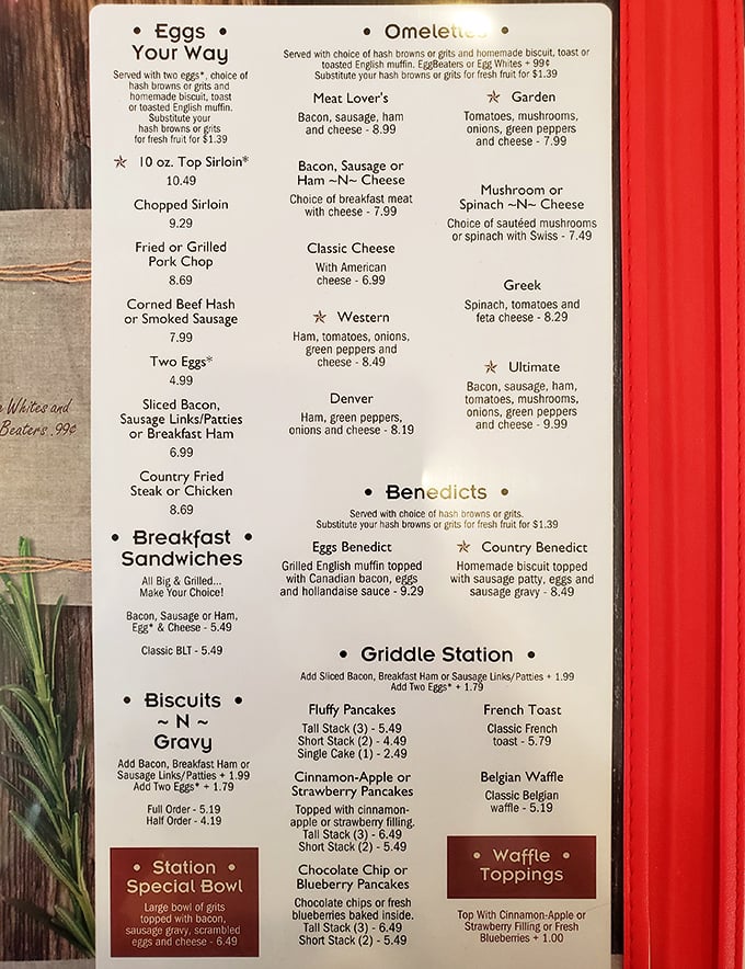 This menu isn't messing around—it's the roadmap to satisfaction with every breakfast possibility from fluffy pancakes to country benedicts waiting to be discovered.