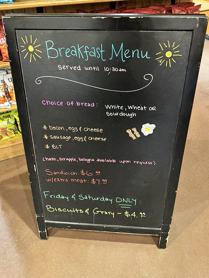 That breakfast menu board promises morning happiness – and actually delivers on every delicious, handwritten promise.