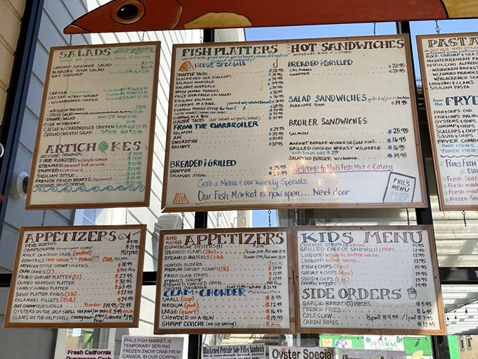 A menu board that reads like a love letter to the sea—handwritten with care and promising oceanic delights.