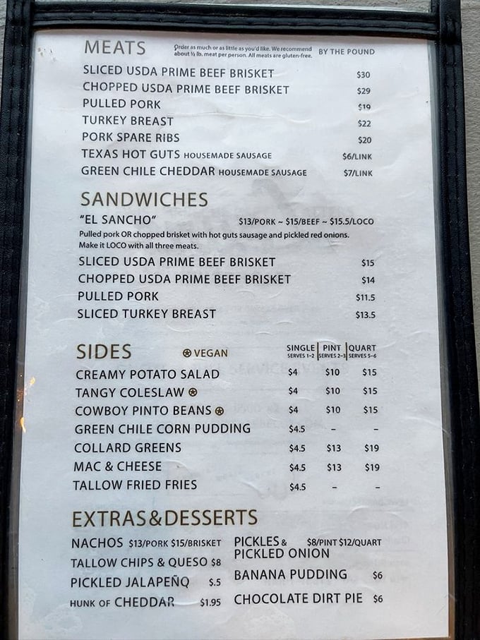 This menu isn't just a list—it's a roadmap to happiness. Notice how "Texas Hot Guts" gets prime real estate? That's no accident.