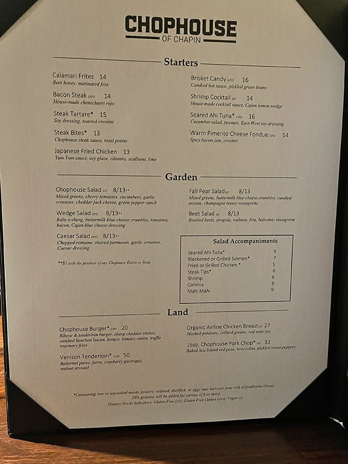 A menu that reads like a love letter to carnivores, with enough seafood options to keep coastal Carolina traditions alive and well.