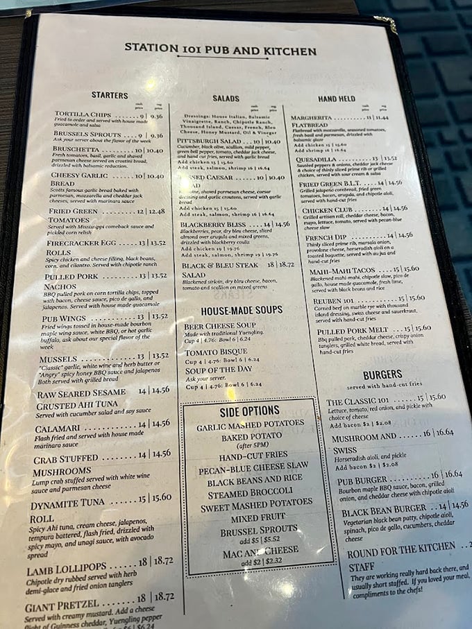 A menu that reads like a love letter to comfort food enthusiasts. The Reuben 101 isn't just listed—it's practically highlighted with invisible neon.