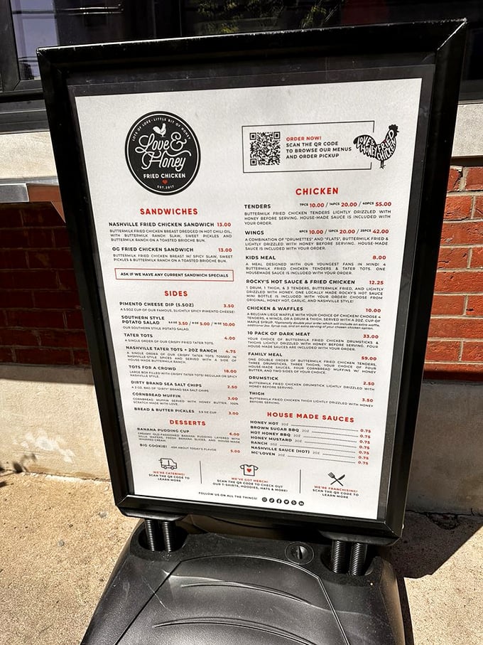 A menu that knows its purpose in life—to deliver exceptional fried chicken without unnecessary distractions. Decision paralysis has met its match.