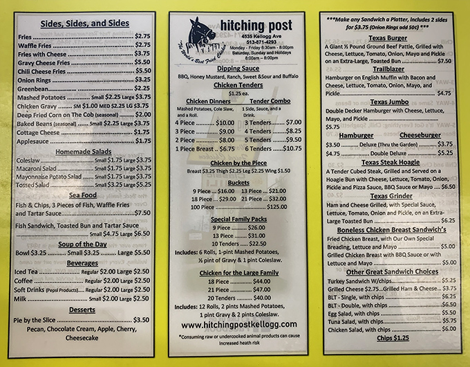 A menu that hasn't needed updating because perfection doesn't require revisions. The chicken dinners section tells you all you need.