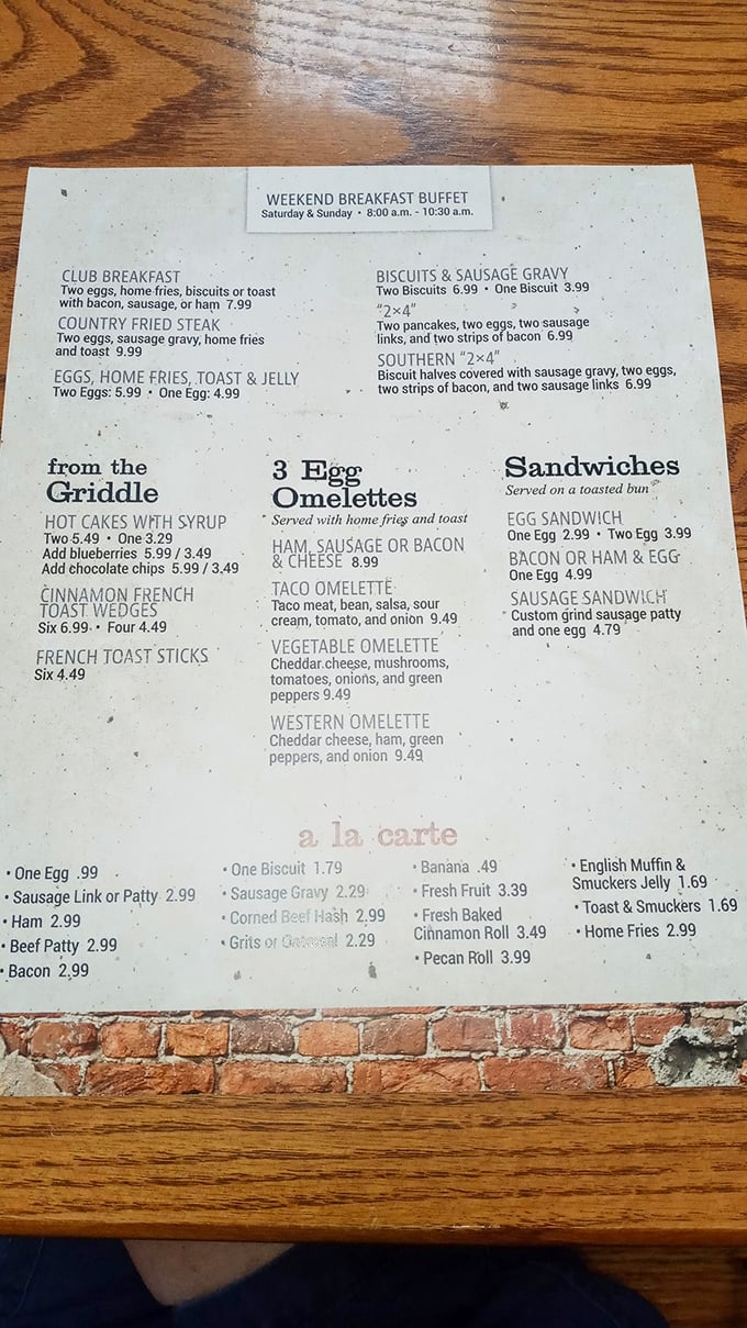 This breakfast menu reads like a love letter to morning indulgence. "Southern 2×4" isn't your lumber dimensions—it's your ticket to biscuits, gravy, and happiness.