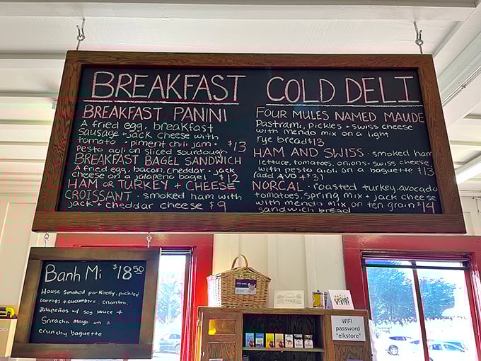 The chalkboard menu—a roadmap to sandwich nirvana. That "Four Mules, Named Maude" pastrami creation is calling your name across the room.