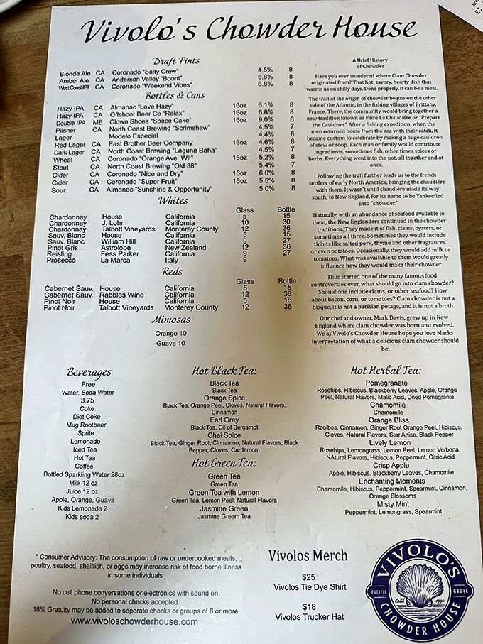 A menu that reads like a love letter to seafood, complete with a history lesson on chowder that'll make you feel smarter with every spoonful.