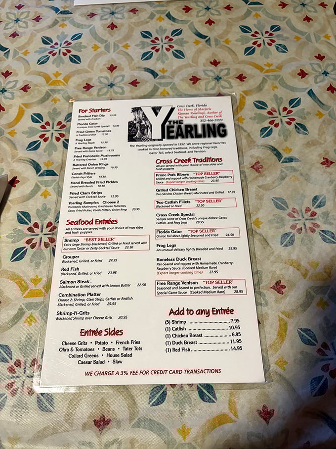 The menu reads like a love letter to old Florida – frog legs, gator tail, and venison share space with the legendary sour orange pie.
