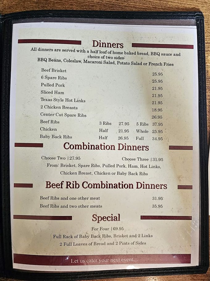 A menu that doesn't need fancy fonts or flowery descriptions. Just meat, sides, and the promise of a nap afterward.