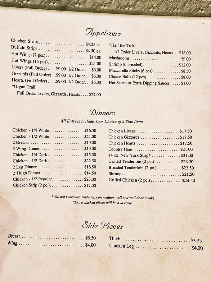 The menu reads like poetry to chicken enthusiasts—from classic fried pieces to the adventurous "Organ Trail" for the culinary daredevils among us.